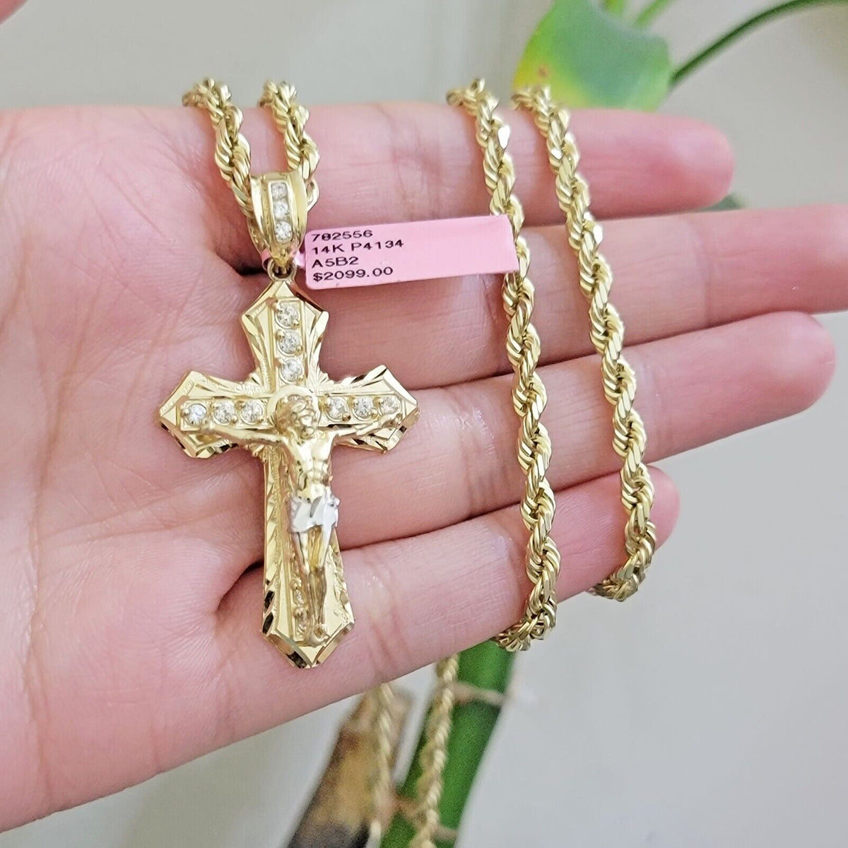 REAL 14k Gold Rope Necklace Cross Charm Pendant SET SOLID 4mm 24 Inch ...